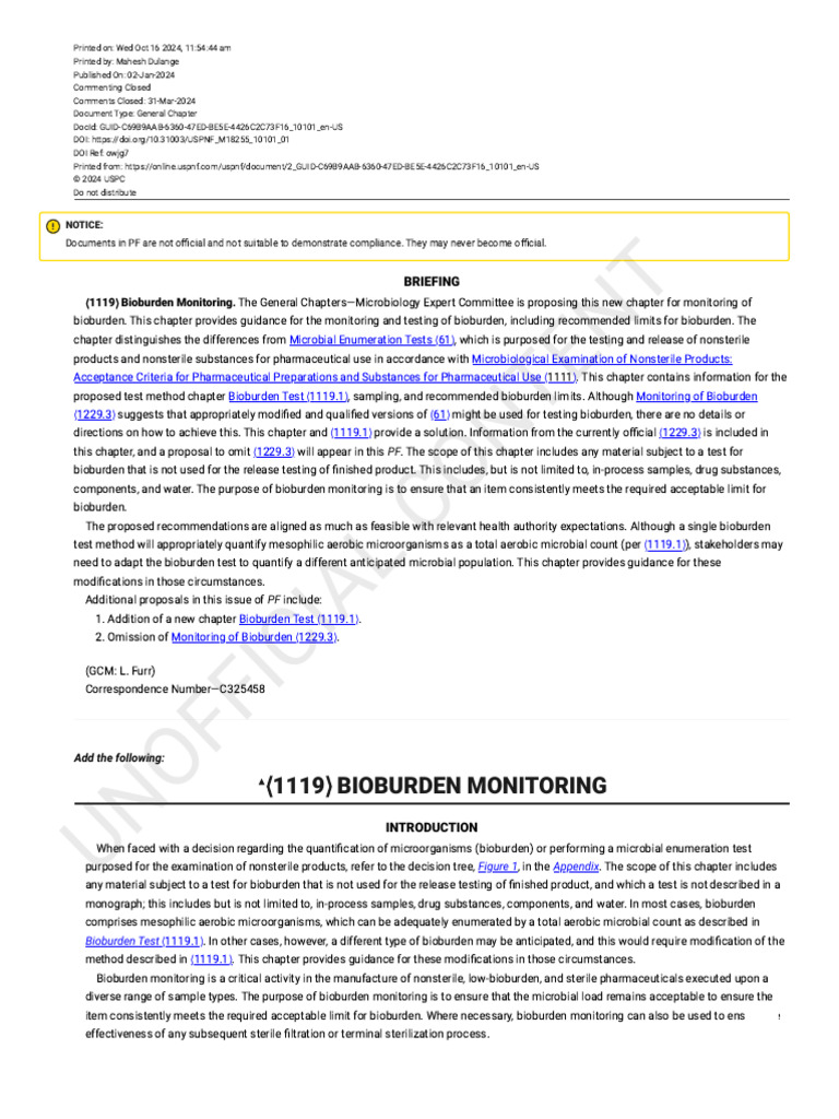 USP-NF 1119 Bioburden Monitoring | PDF | Sterilization (Microbiology ...