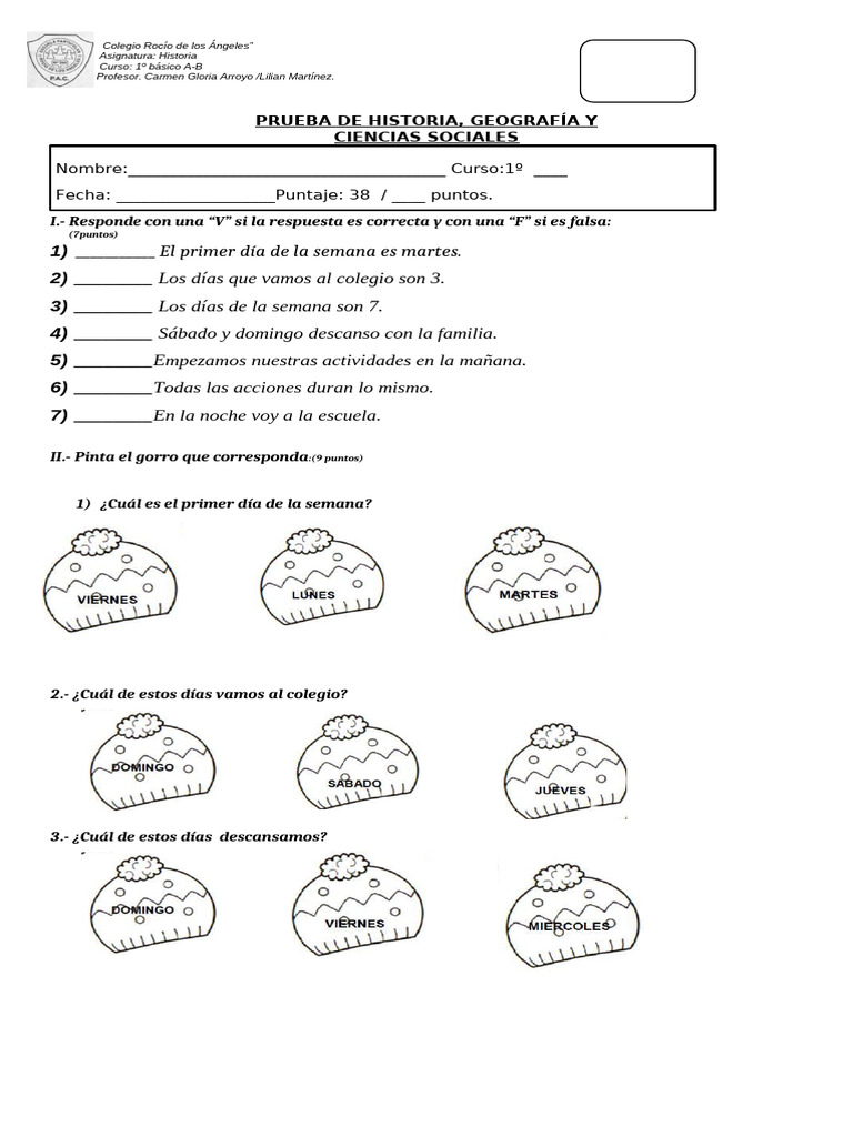 Prueba Los Días de La Semana 2019 | PDF
