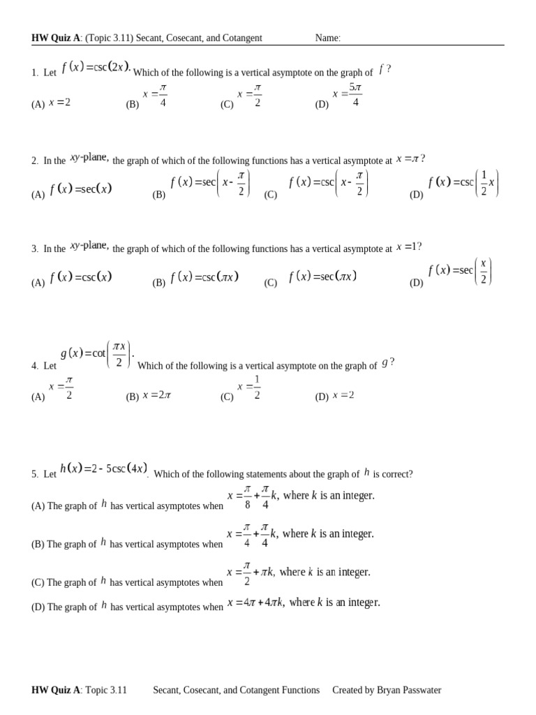 HW Quiz A Topic 3.11 The Secant, Cosecant, and Cotangent Functions | PDF