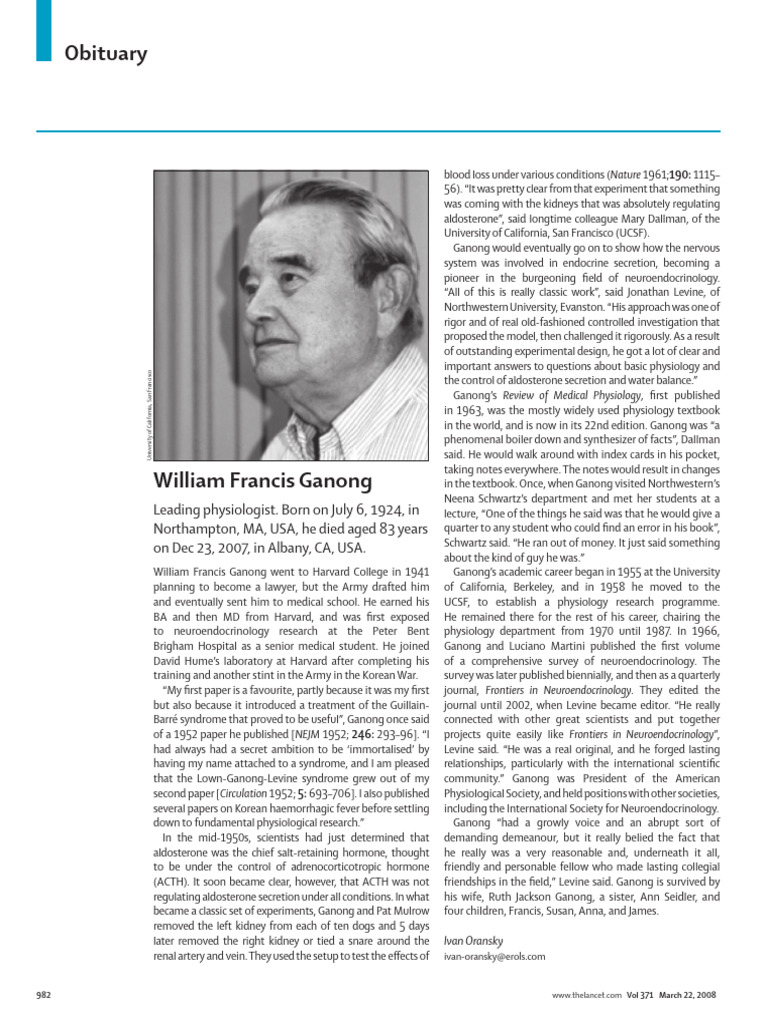 William Francis Ganong Lancet | PDF | Kidney | Endocrine System