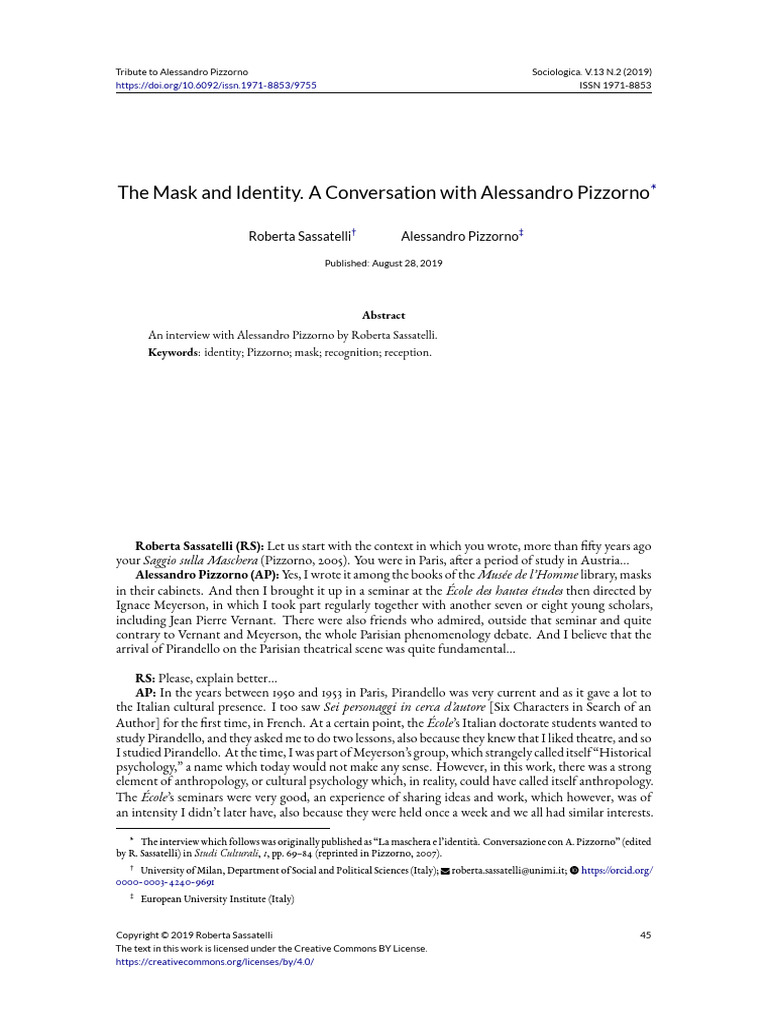 The Mask and Identity A Conversation With Alessandro Pizzorno - Roberta ...