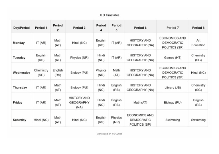 Class Timetable X B | PDF