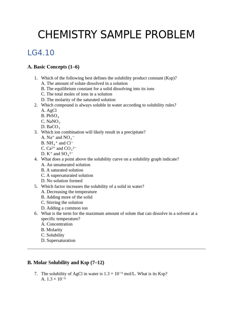 CHEMISTRY SAMPLE PROBLEM | PDF | Solubility | Analytical Chemistry