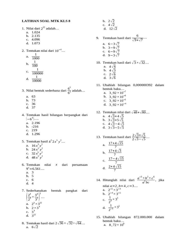 Latihan Soal Uas MTK KLS 8 | PDF