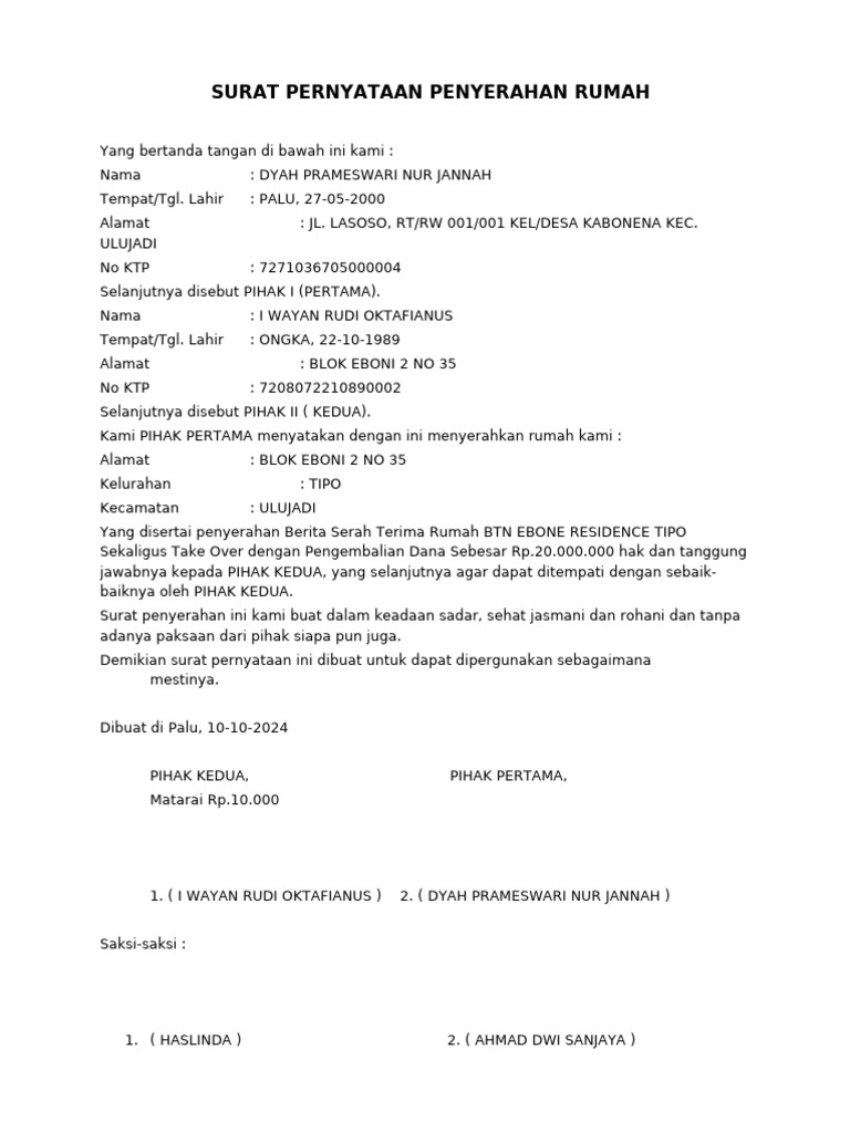 Surat Penyerahan Rumah BTN Ebone Residence | PDF