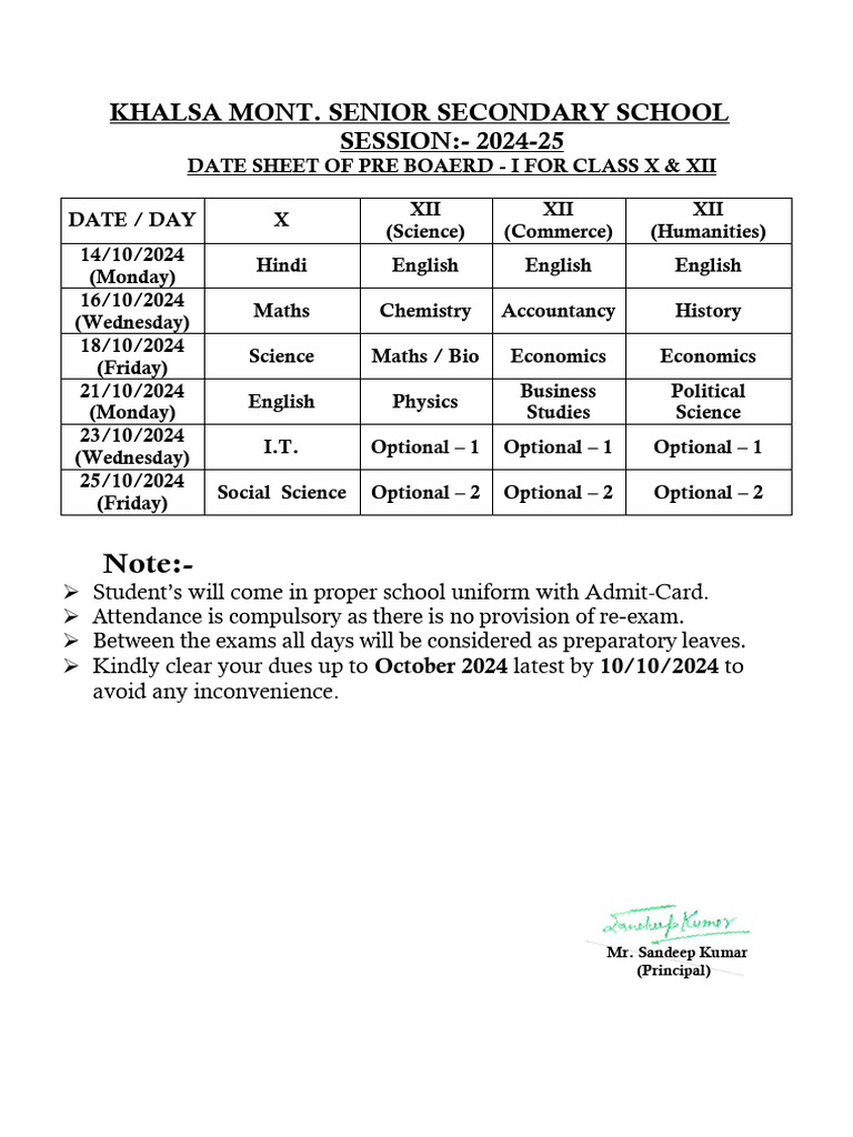 Pre Board I Date Sheet 2024 | PDF