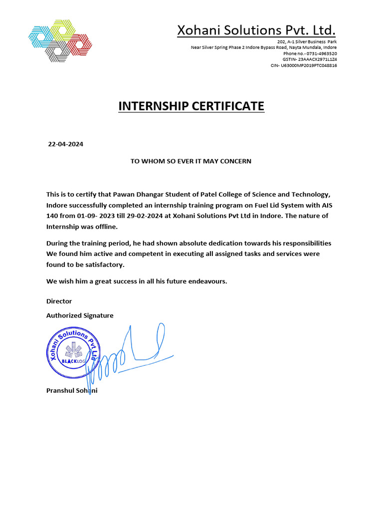 INTERNSHIP CERTIFICATE - Pawan | PDF