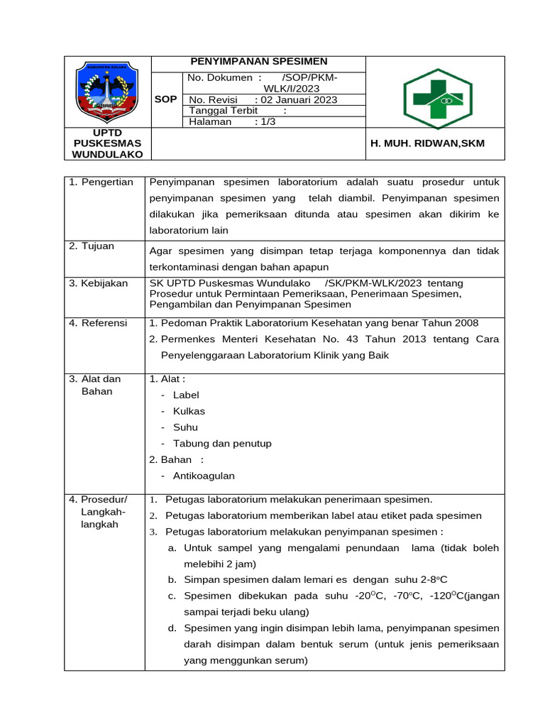 SOP PENYIMPANAN SPESIMEN | PDF