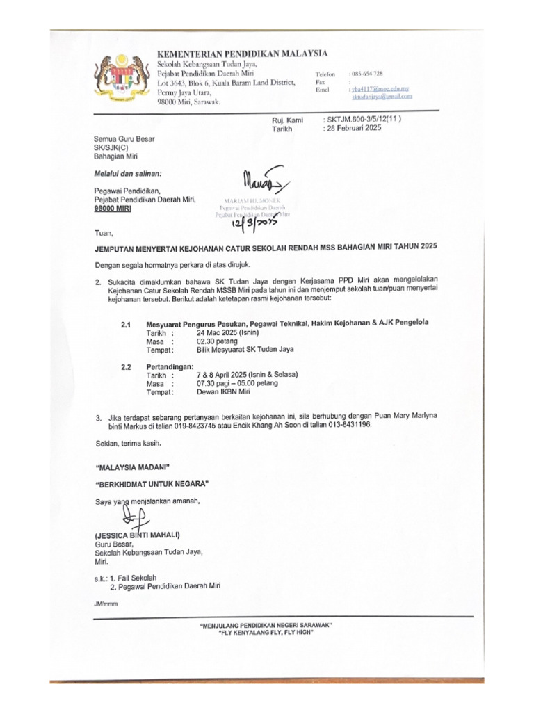 Surat Jemputan Menyertai Kejohanan Catur Sekolah Rendah MSS Bahagian | PDF