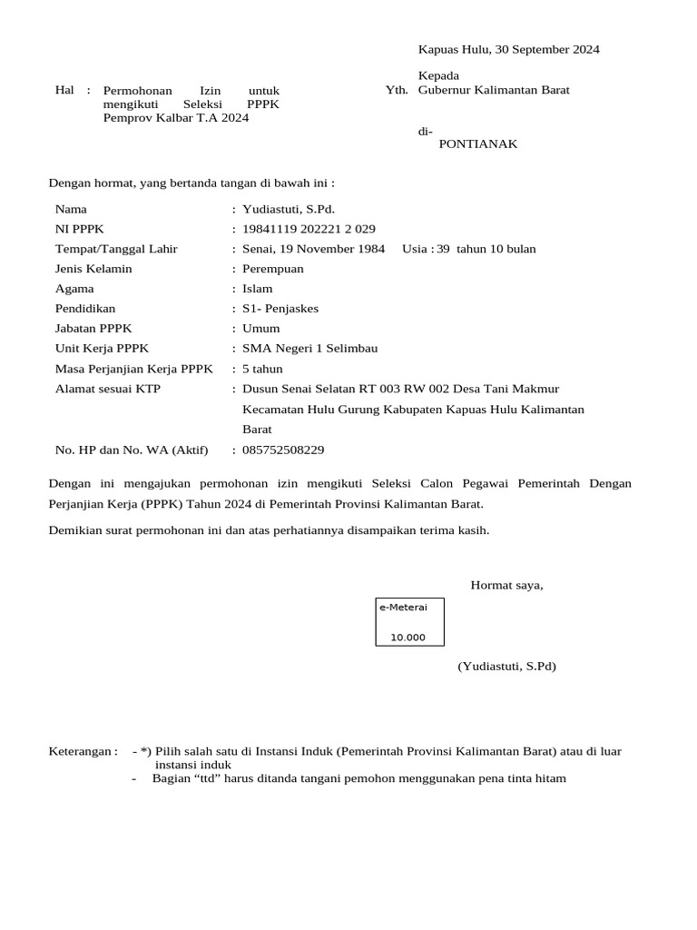 Surat Permohonan Izin PPPK Daftar PPPK | PDF