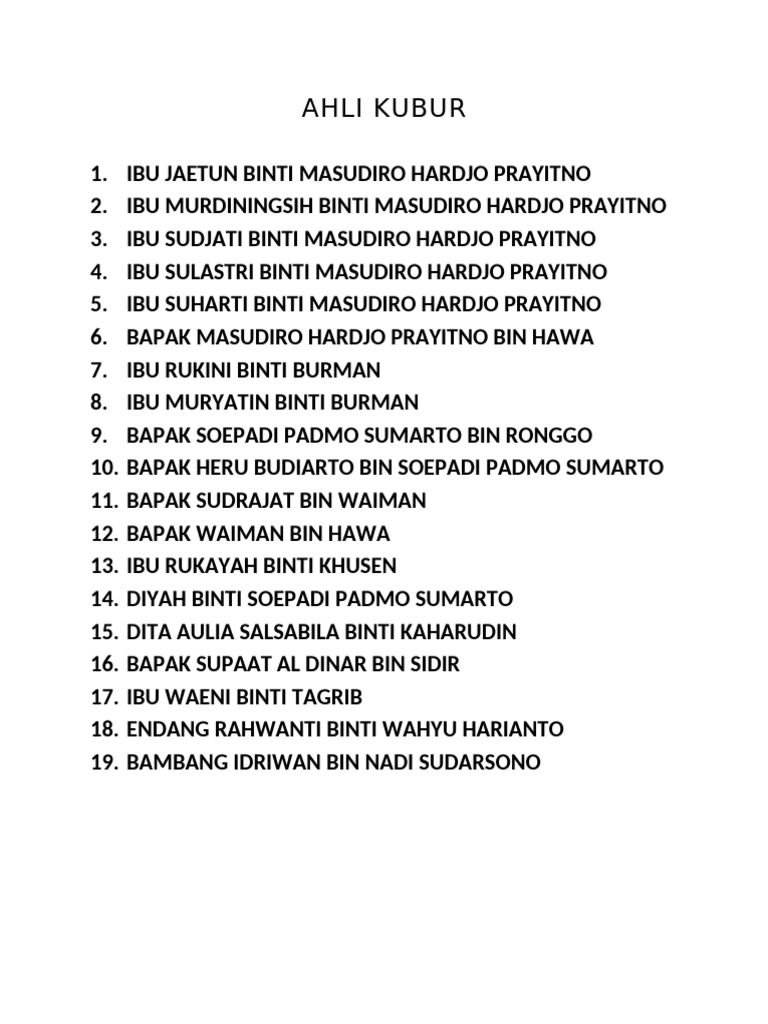 Ahli Kubur Keluarga Ms Hardjo Prayitno | PDF