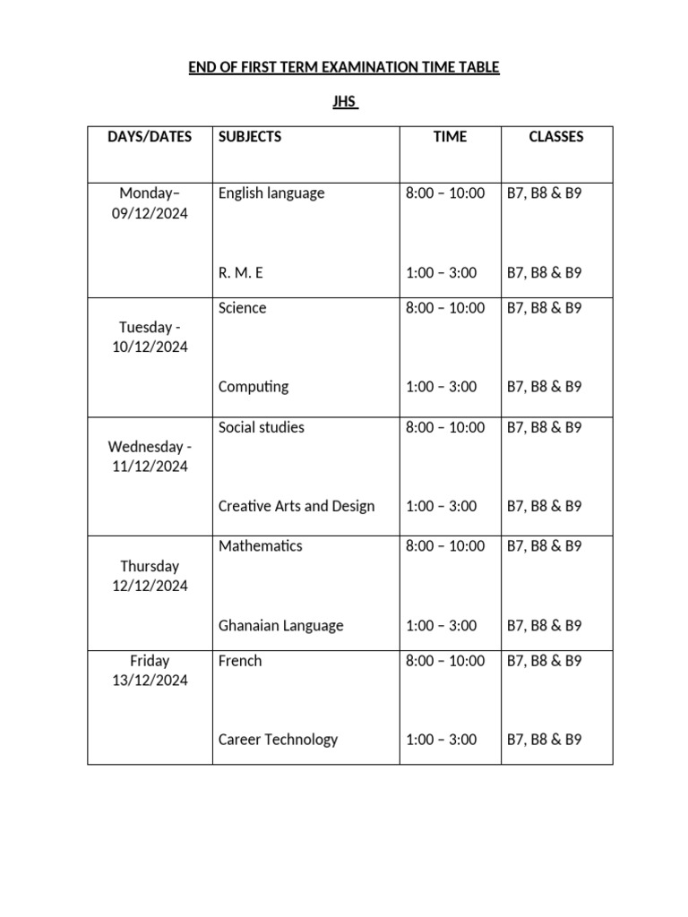 End of First Term Exams Timetable | PDF