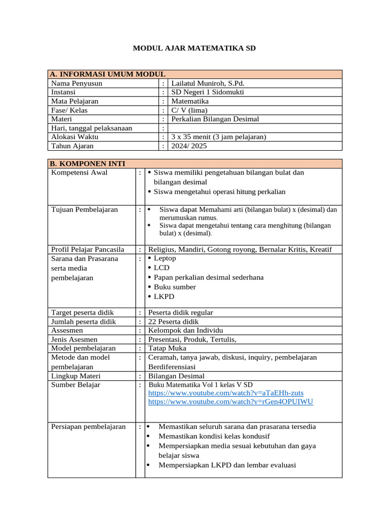 Modul Perkalian Bilangan Desimal SD | PDF