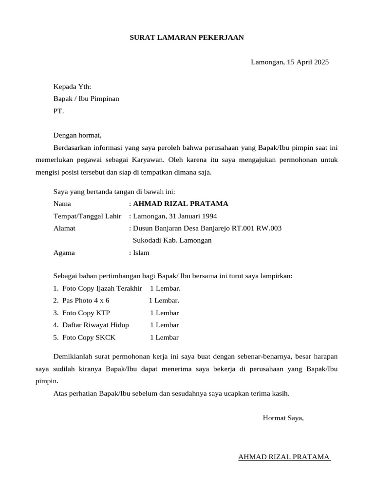 Contoh Surat Lamaran Kerja Buruh Pabrik 1 | PDF