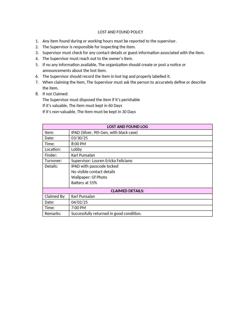 Lost and Found Policy Overview | PDF