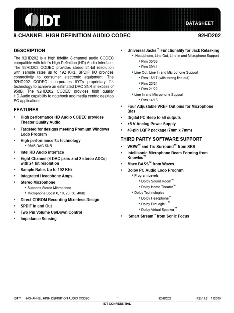 92HD202 Idt | PDF | Recording | Electronics