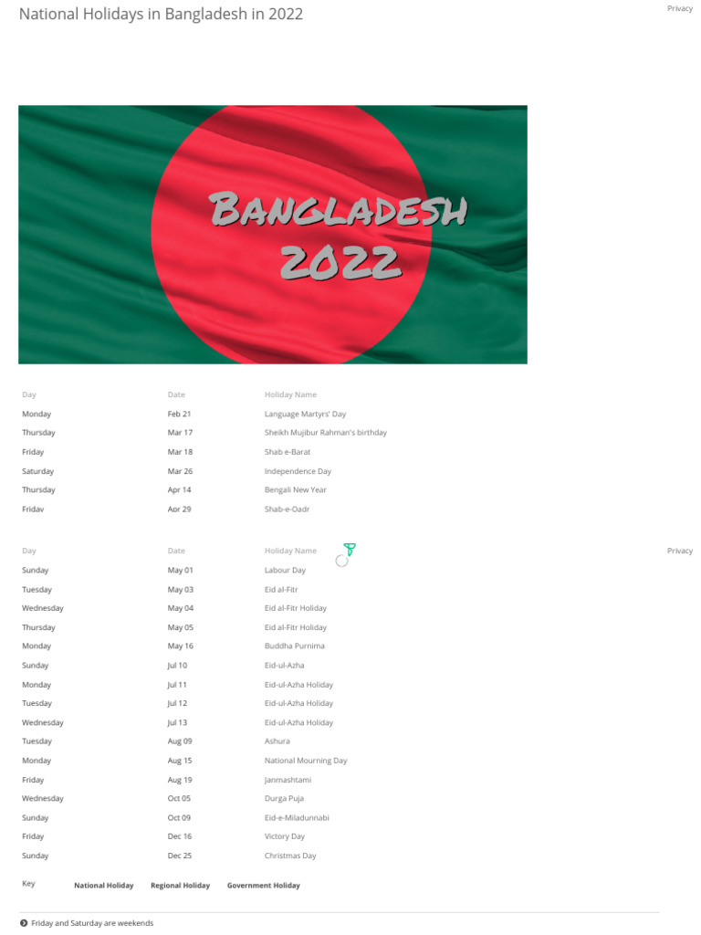 National Holidays in Bangladesh in 2022 - Office Holidays | PDF