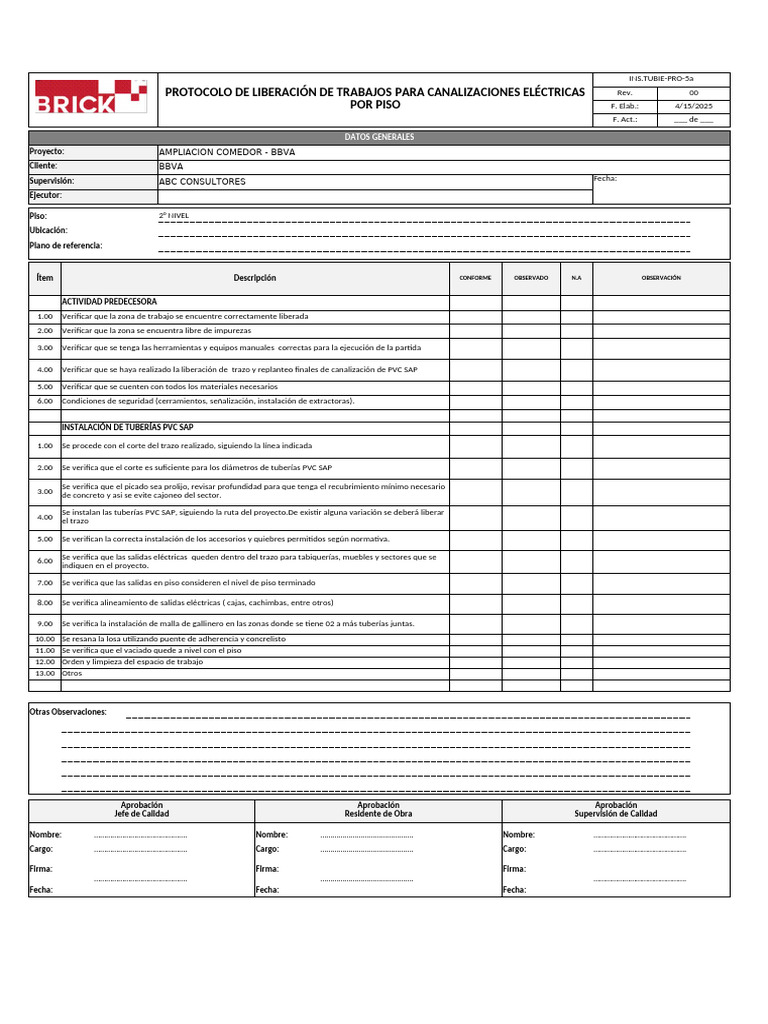 5.a Protocolo Canalización Tuberías PVC en Piso | PDF