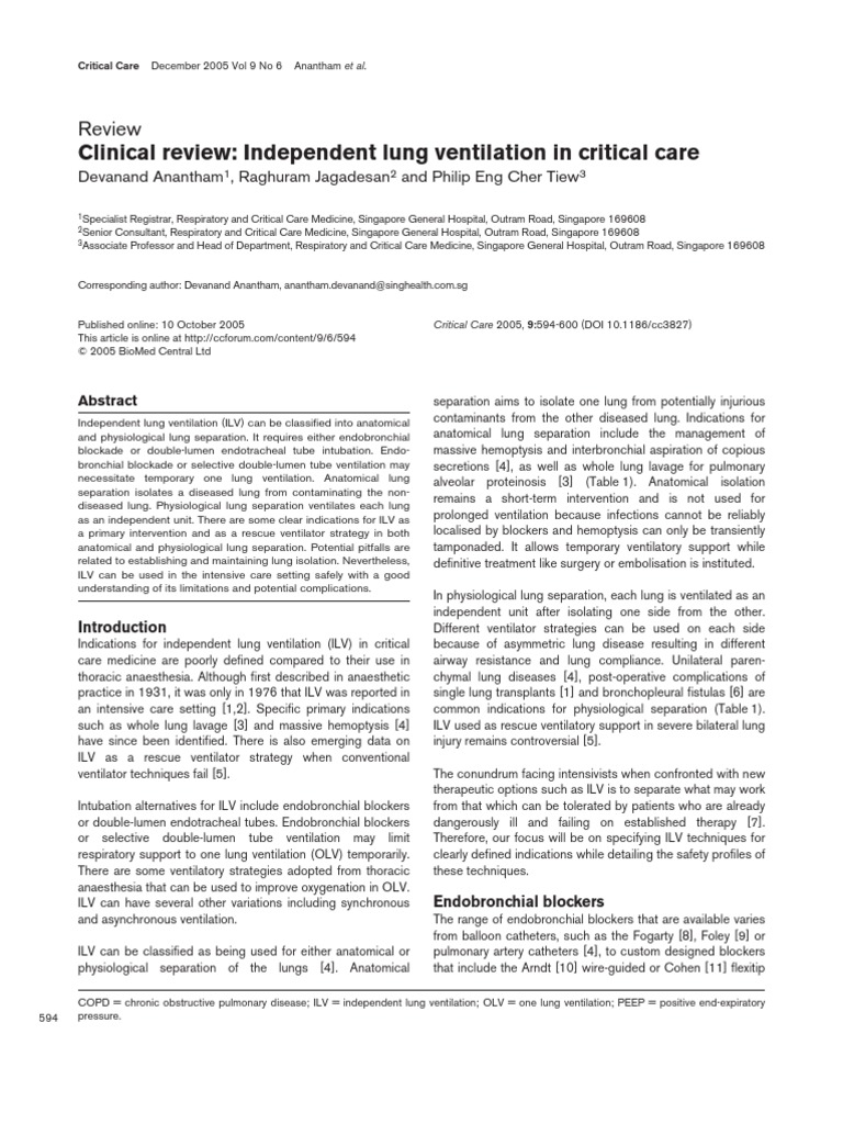 Clinical Review: Independent Lung Ventilation in Critical Care | PDF ...