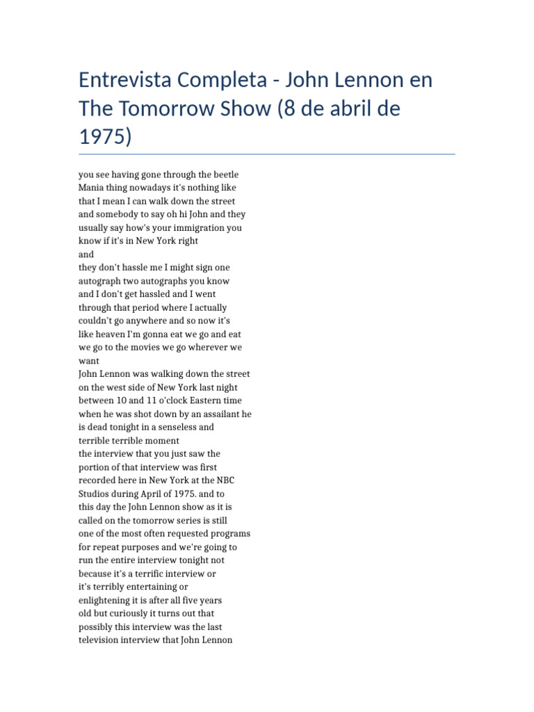 Entrevista John Lennon TomorrowShow 1975 | PDF | John Lennon