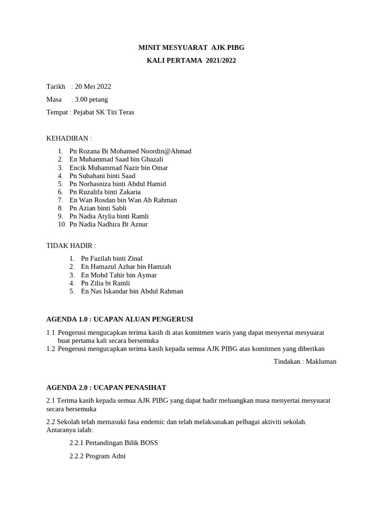 Minit Mesyuarat Ajk Pibg 2022 | PDF