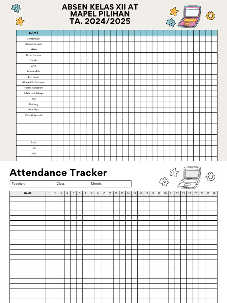 Attendance Tracker in Pastel Color and Monochromatic Simple Style (A4 ...