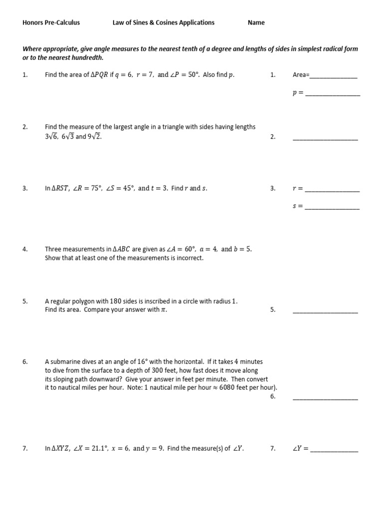 Law of Sines and Cosines Applications and Review ONE DOCUMENT | PDF ...