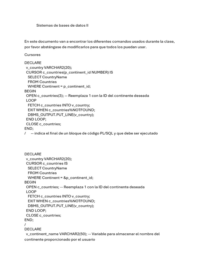 Comandos PL-SQL Clase | PDF | Modelo de datos | Paradigmas de programación