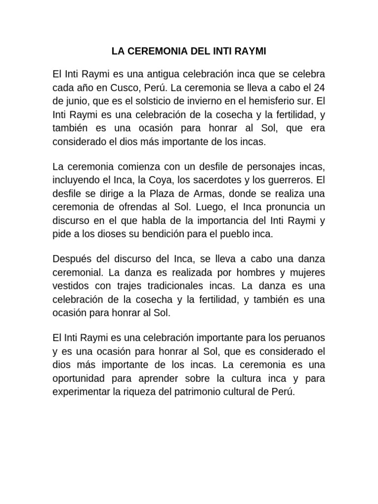 La Ceremonia Del Inti Raymi | PDF