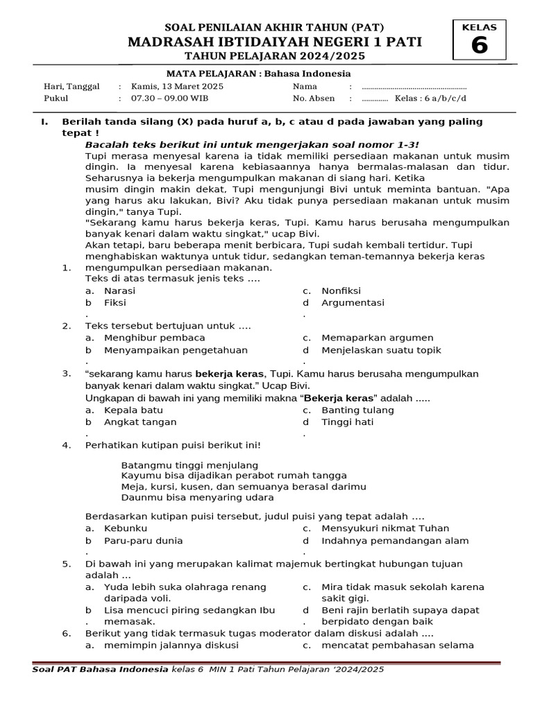 SOAL PAT Bindo Kelas 6_ 2024-2025 | PDF