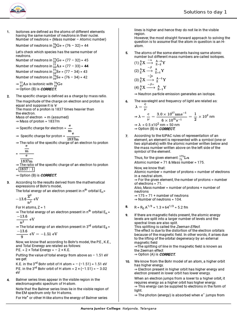 Day - 1 - 23-Mar-2025 - Solution | PDF | Electron | Atoms