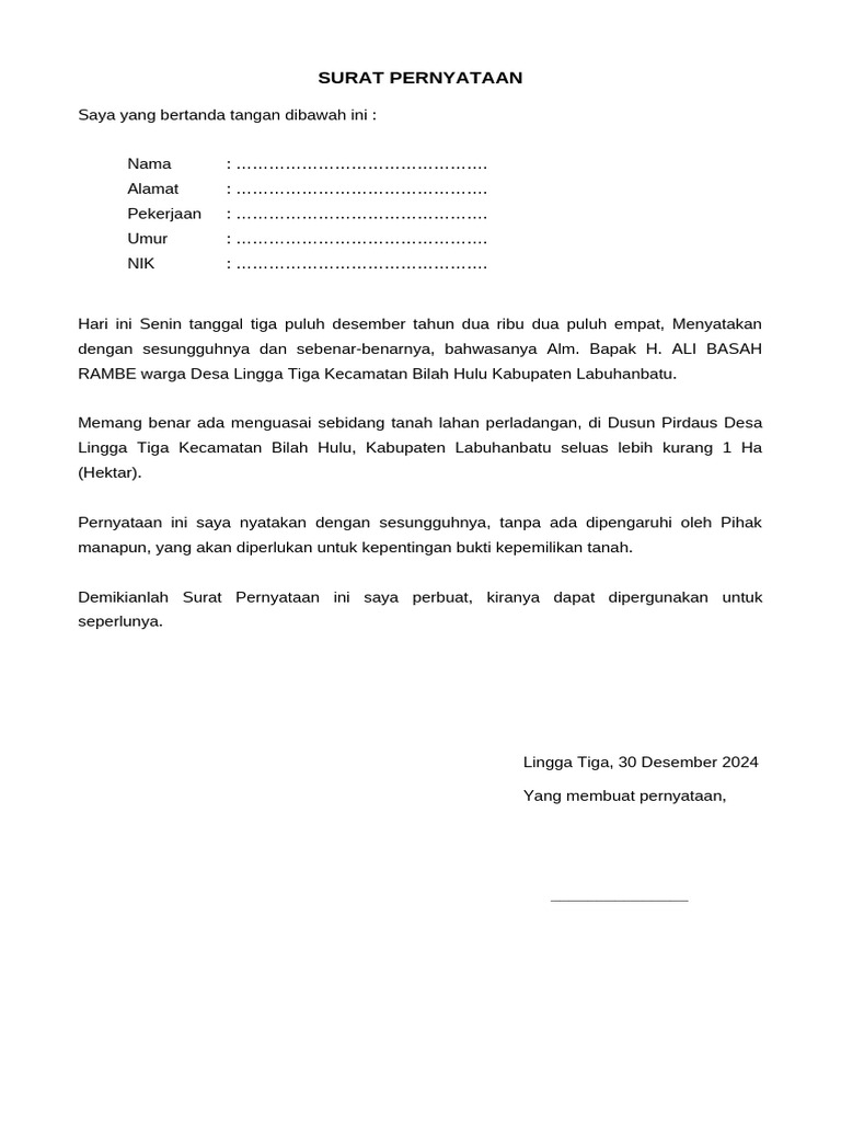 Surat Pernyataan Lingga Tiga | PDF