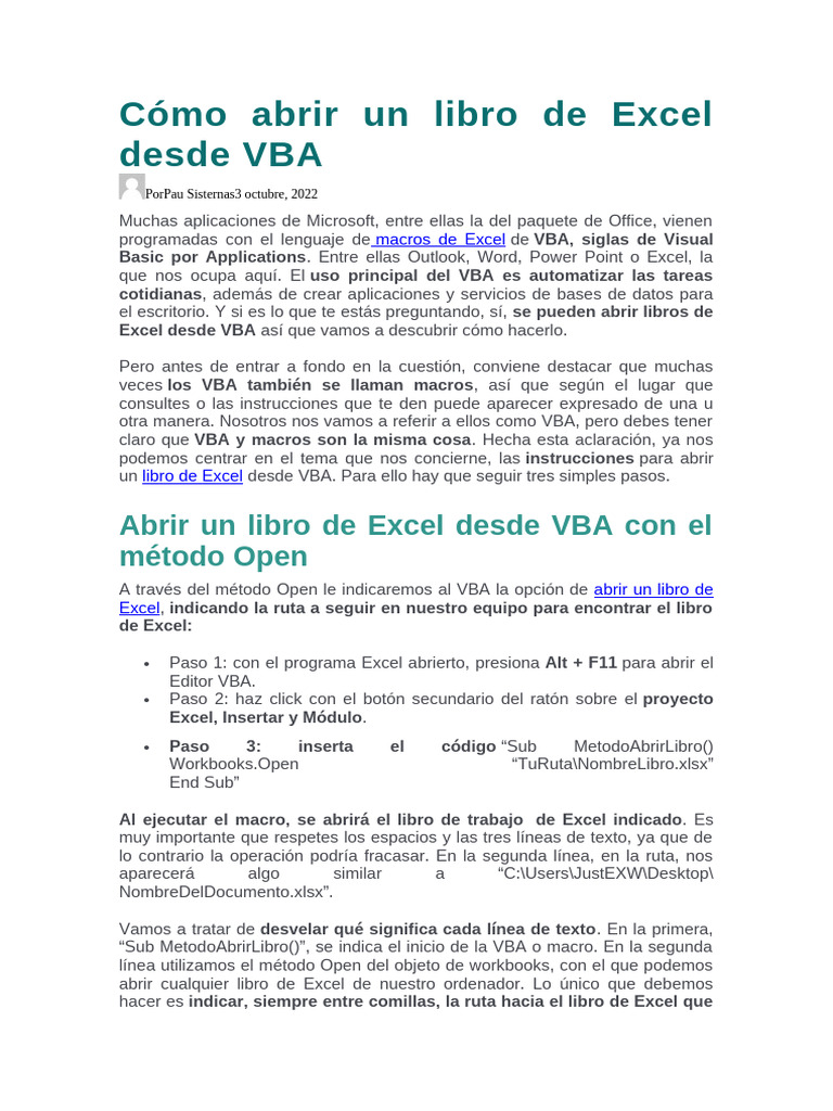 LIC. AL ULISES AZUA Cómo abrir un libro de Excel desde VBA | PDF | Visual Basic para ...