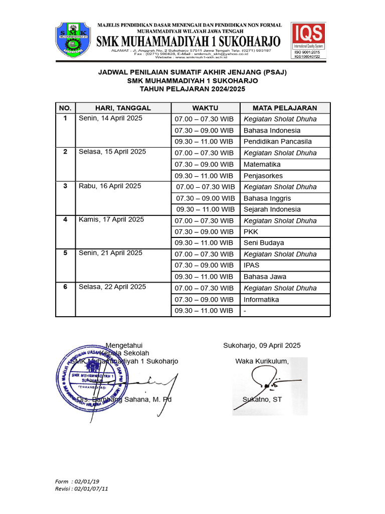 2425. Jadwal Psaj Mata Pelajaran Umum | PDF