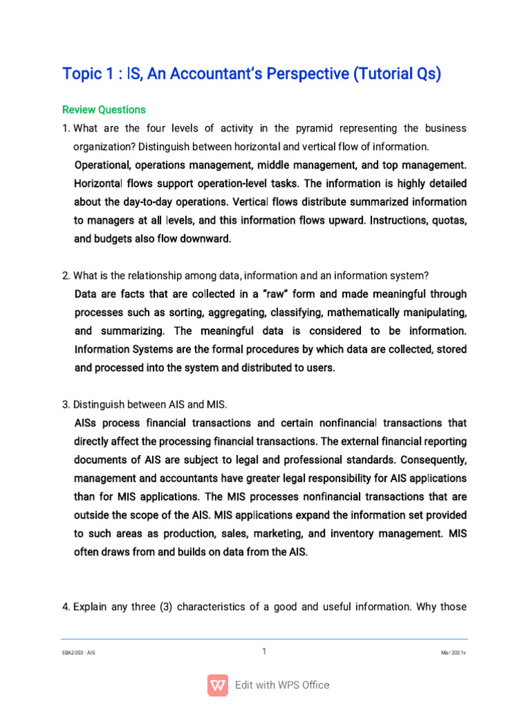 Tutorial Question Chapter 1 Intro To AIS WITH ANSWER | PDF | Audit ...