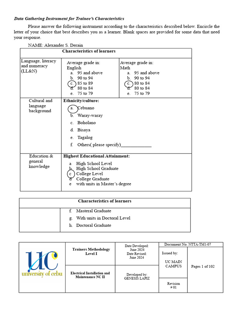 Characteristics of Learners: Data Gathering Instrument For Trainee's ...