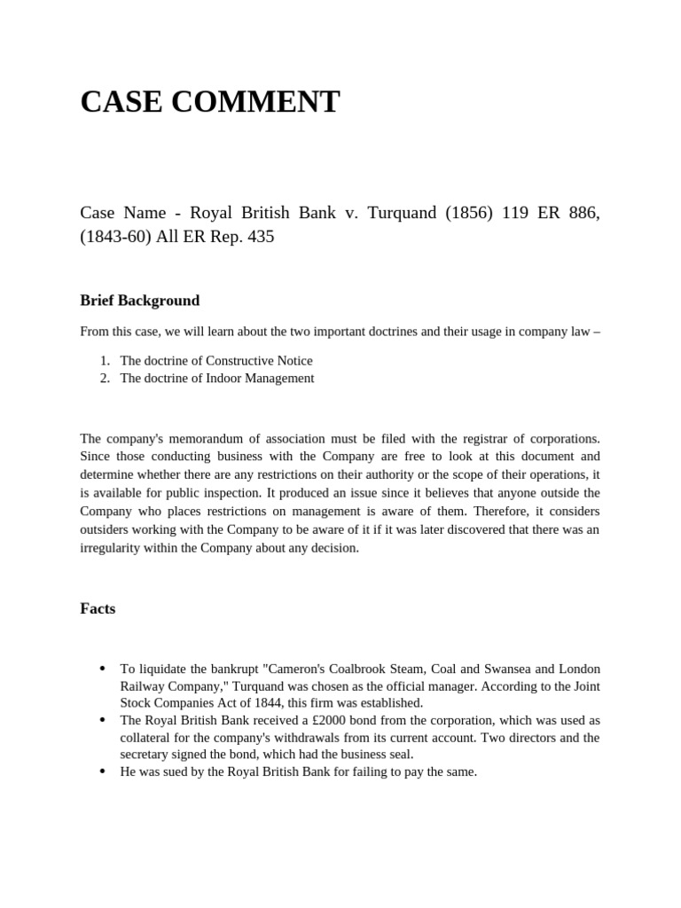 Turquand Rule in Royal British Bank Case | PDF | Common Law | Business Law
