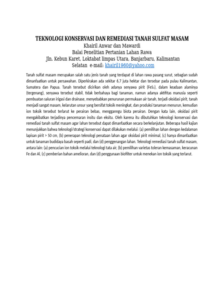 Teknologi Remediasi Tanah Sulfat Masam | PDF