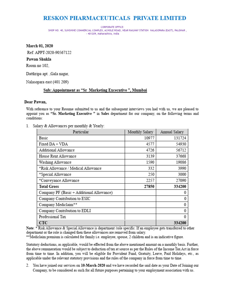 APPOINT MENT LETTER Pawan | PDF | Salary | Employment