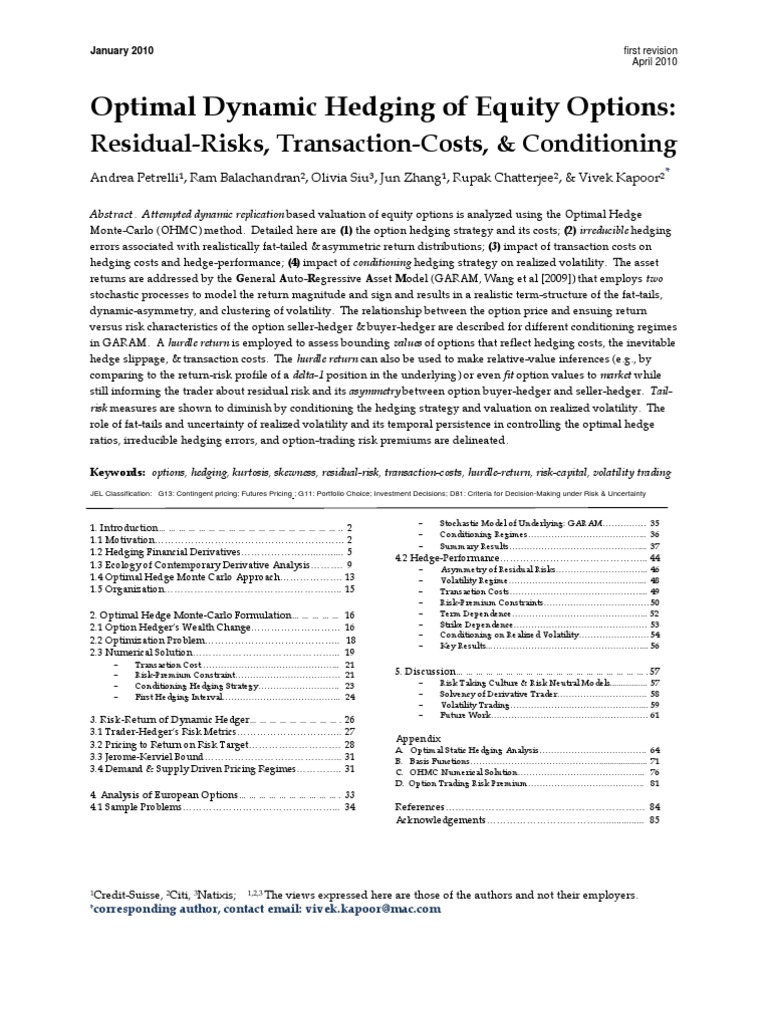 Optimal Dynamic Hedging of Equity Options:: Residual-Risks, Transaction ...