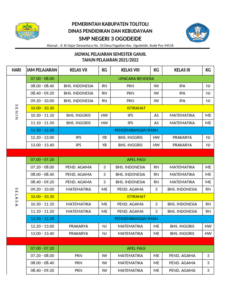 Jadwal Pelajaran SMP 3 Ogodeide | PDF