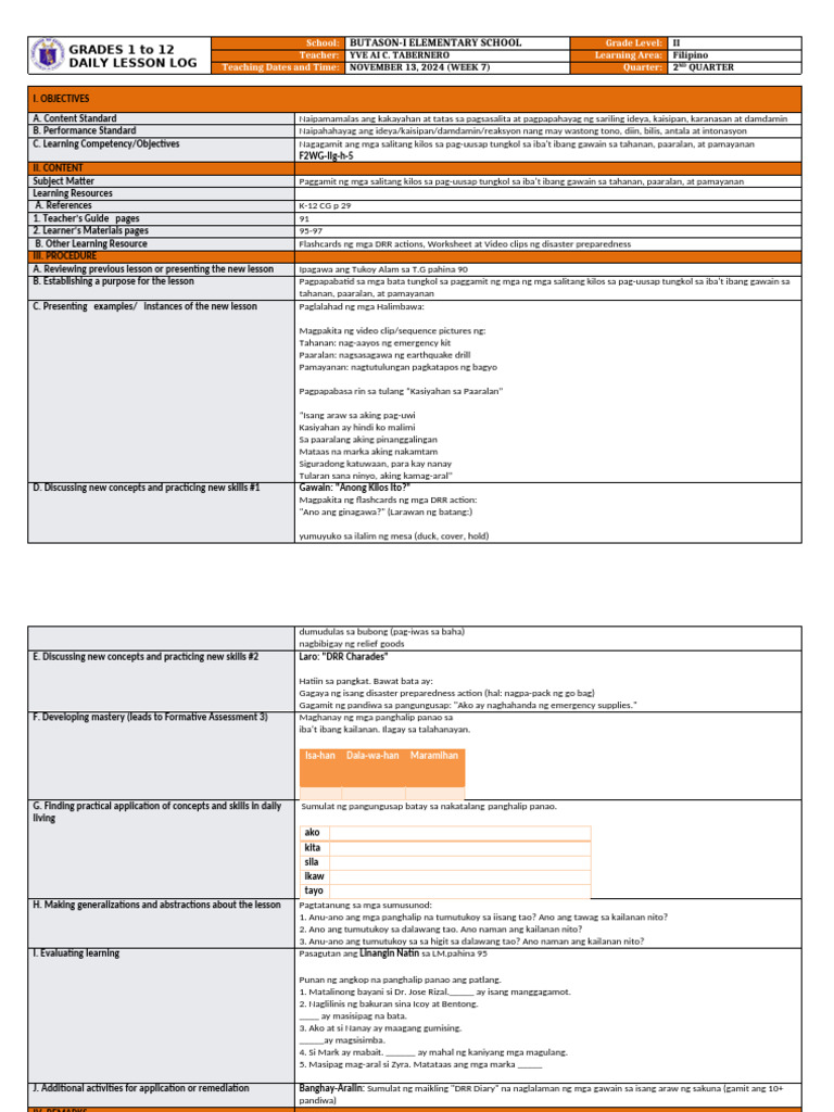 Filipino With DRR Integration | PDF