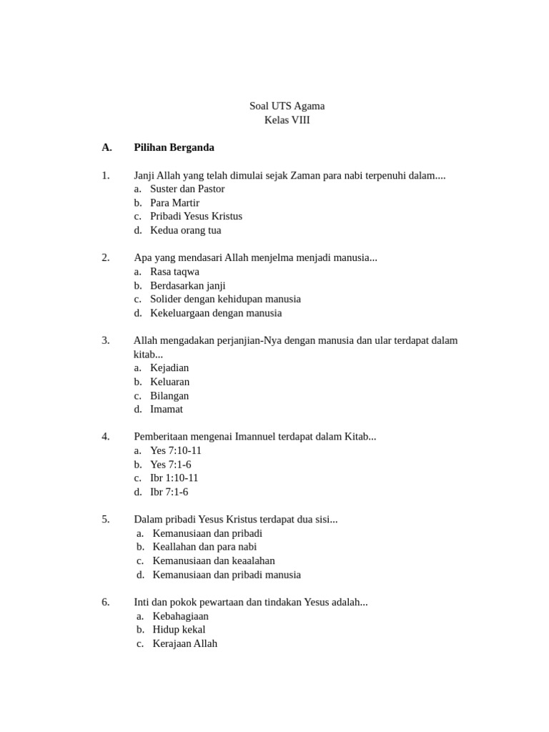 Soal UTS Agama Kelas VIII dan Jawaban | PDF