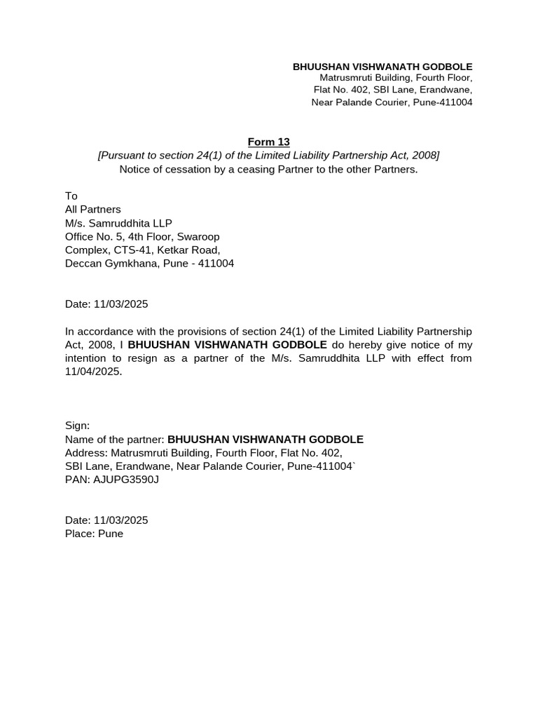 Partner Resignation Notice for LLP | PDF
