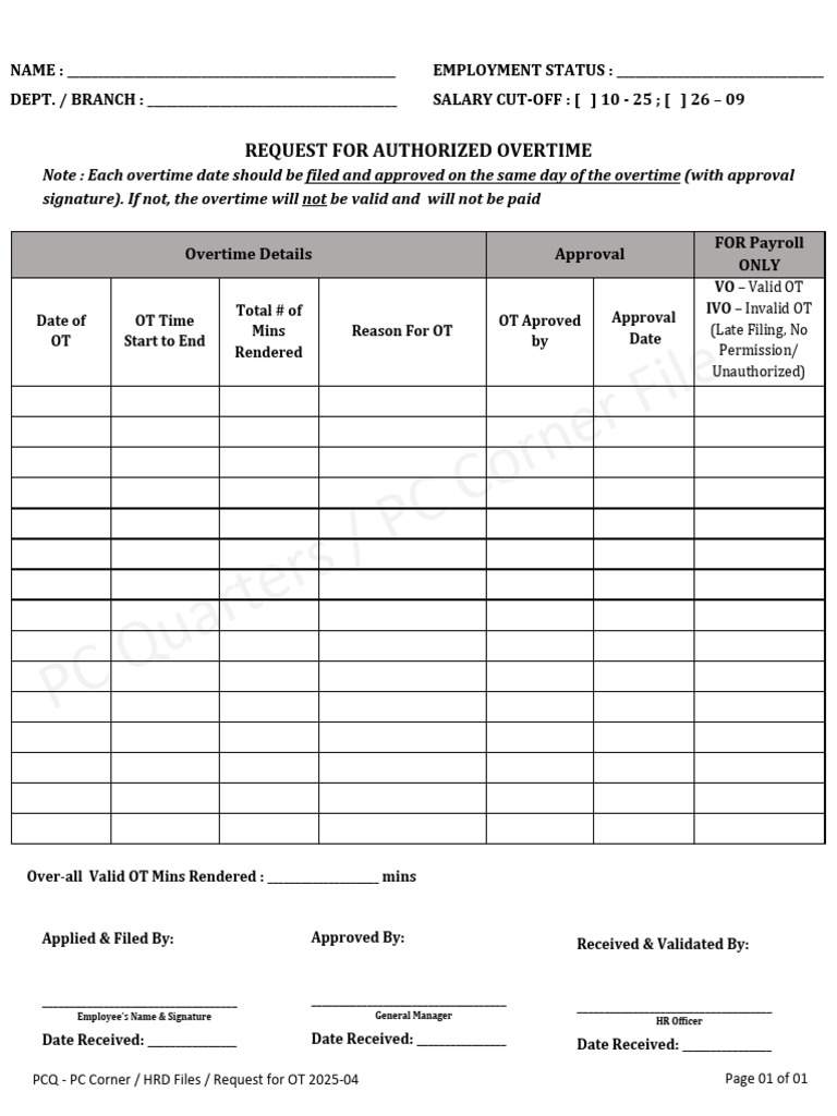 Request for Authorized Overtime Form 2025-04 (1) | PDF | Overtime ...