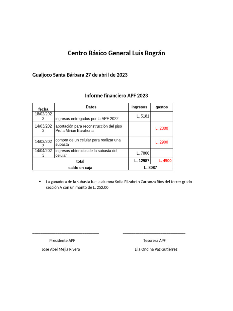 Informe Financiero APF 2023 - CBG Luis Bográn | PDF