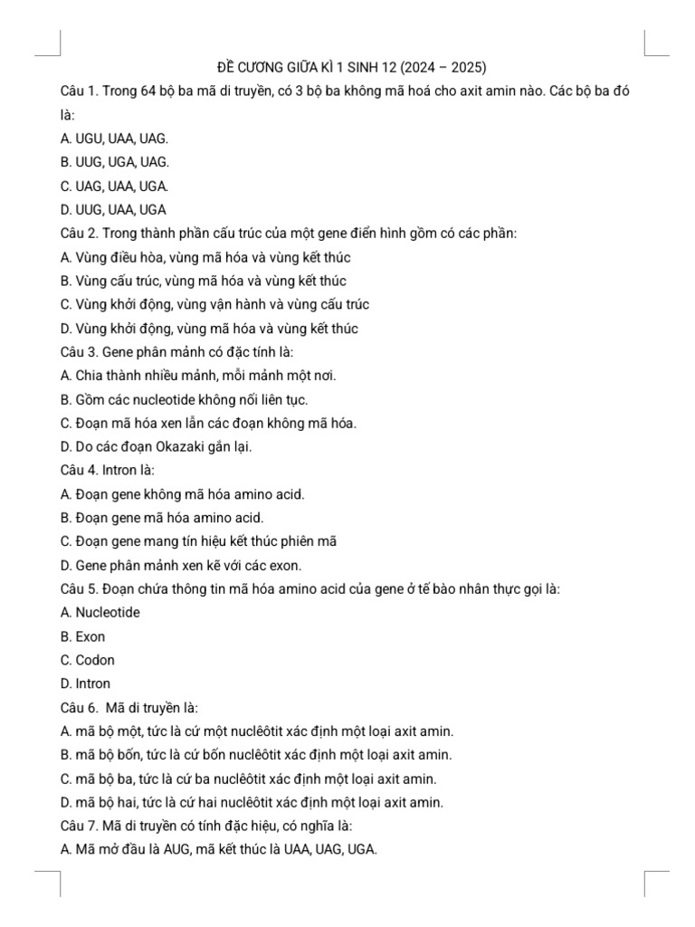 ĐỀ CƯƠNG THI GKI SINH 12 (2024 - 2025) hs | PDF