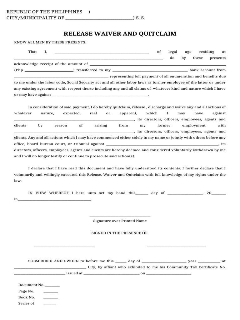 Release Waiver and Quitclaim Form | PDF | Justice | Crime & Violence
