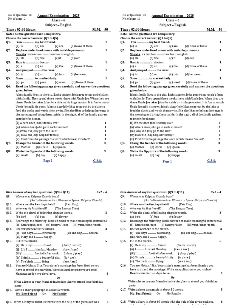 Class 6 Annual Exam Question Paper 2025 English New | PDF | Syntax ...
