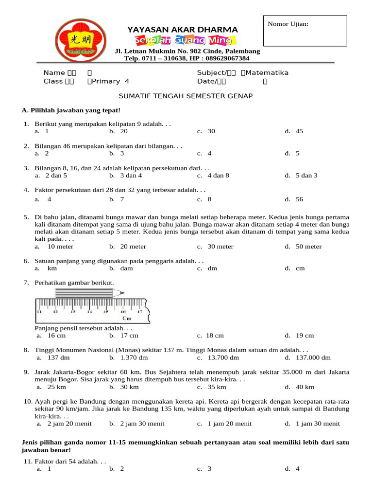 Ulangan PTS Matematika Kelas 4 Semester Genap | PDF